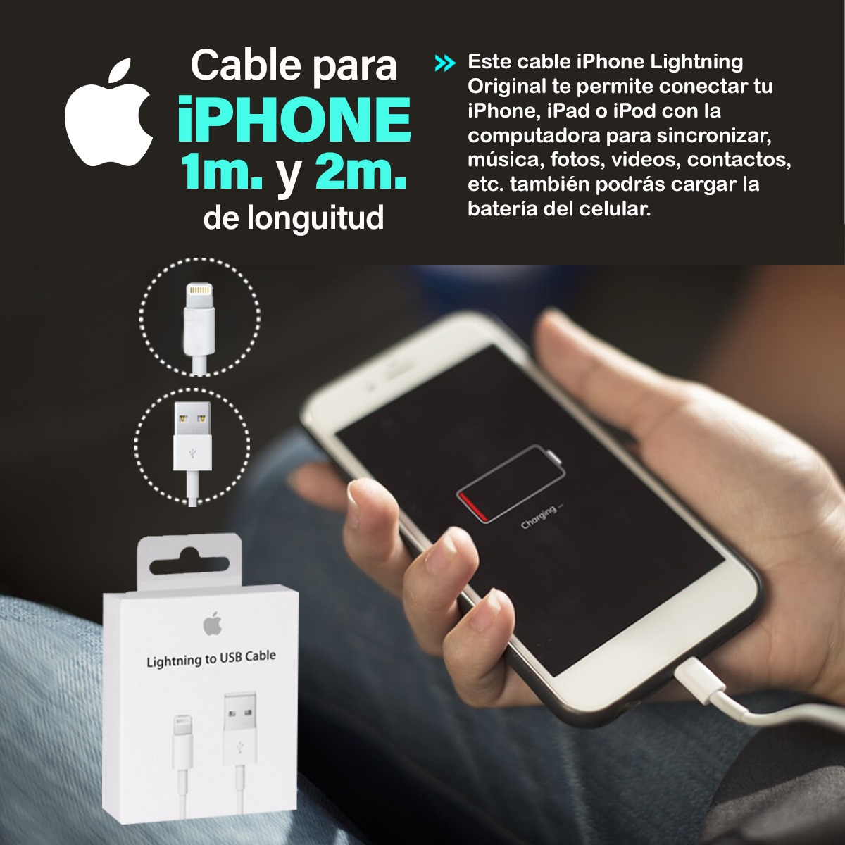 Cable de iPhone Lightning a USB para carga y sincronización de 2mts ...